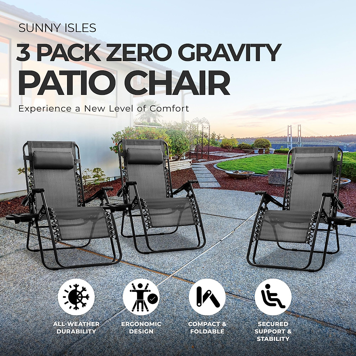 Four Seasons Courtyard Sunny Isles XL Zero Gravity Outdoor Patio Reclining Chair Steel Frame Comfortable Lounge Seating Furniture Set, 3 Pack, Black