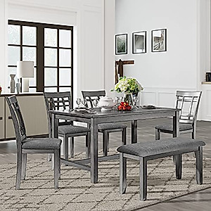 Harper & Bright Designs 6 Piece Wooden Dining Table Set,Kitchen Table Set with 4 Upholstered Chairs and Bench,Farmhouse Rustic Style Dining Room Table Set,Antique Graywash+Linen