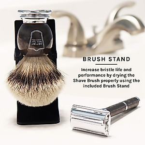 Parker Silvertip Badger Shaving Brush-Faux Horn Handle with a Chrome Base, Long Loft Dense Bristles- Men's Badger Shaving Brush with Stand Included