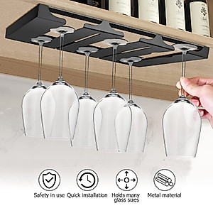 Wine Glass Rack, 2 Pack Under Cabinet Stemware Wine Glasses Holder, Metal Wine Glass Holder Shelf with 4 Mug Hooks Wine Glasses Storage Hanger for Kitchen Bar Restaurant, Black 3 Rows