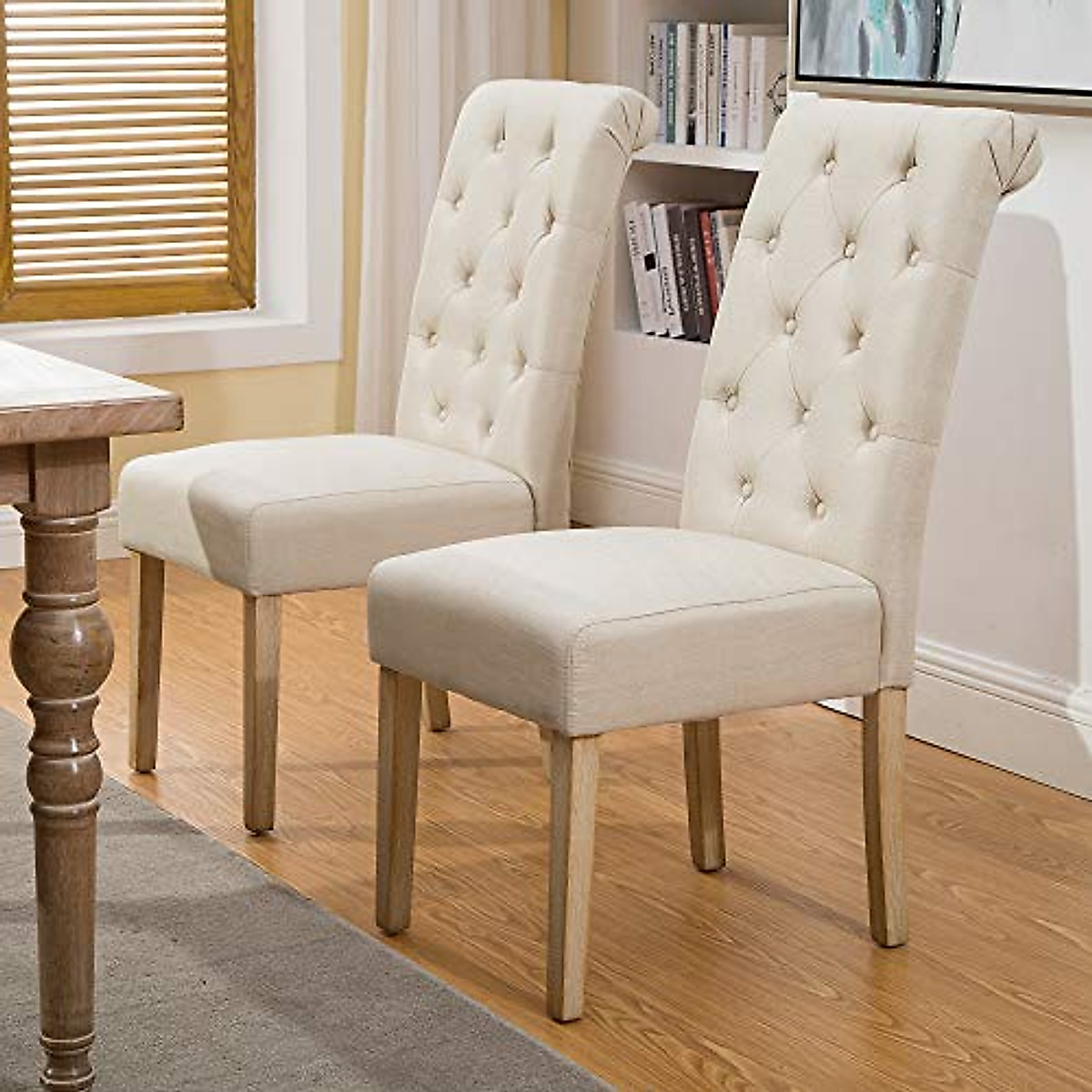 LSSBOUGHT Button-Tufted Classic Accent Dining Chairs with Solid Wood Legs, Set of 4 (Tan)