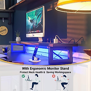 Hyomdeck Computer Desk with USB Power Outlets and LED Lights, 47 inch Gaming Desk with Monitor Stand for Small Space Home Office, Modern Simple Study Writing Table PC Desks, Black