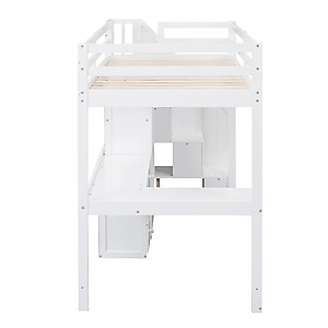 Harper & Bright Designs Twin Loft Bed with Stairs and L-Shaped Desk, Solid Wood Loft Bed Frame with Bookcase and Storage Drawers, for Kids Teens Adults (Twin Size, White)