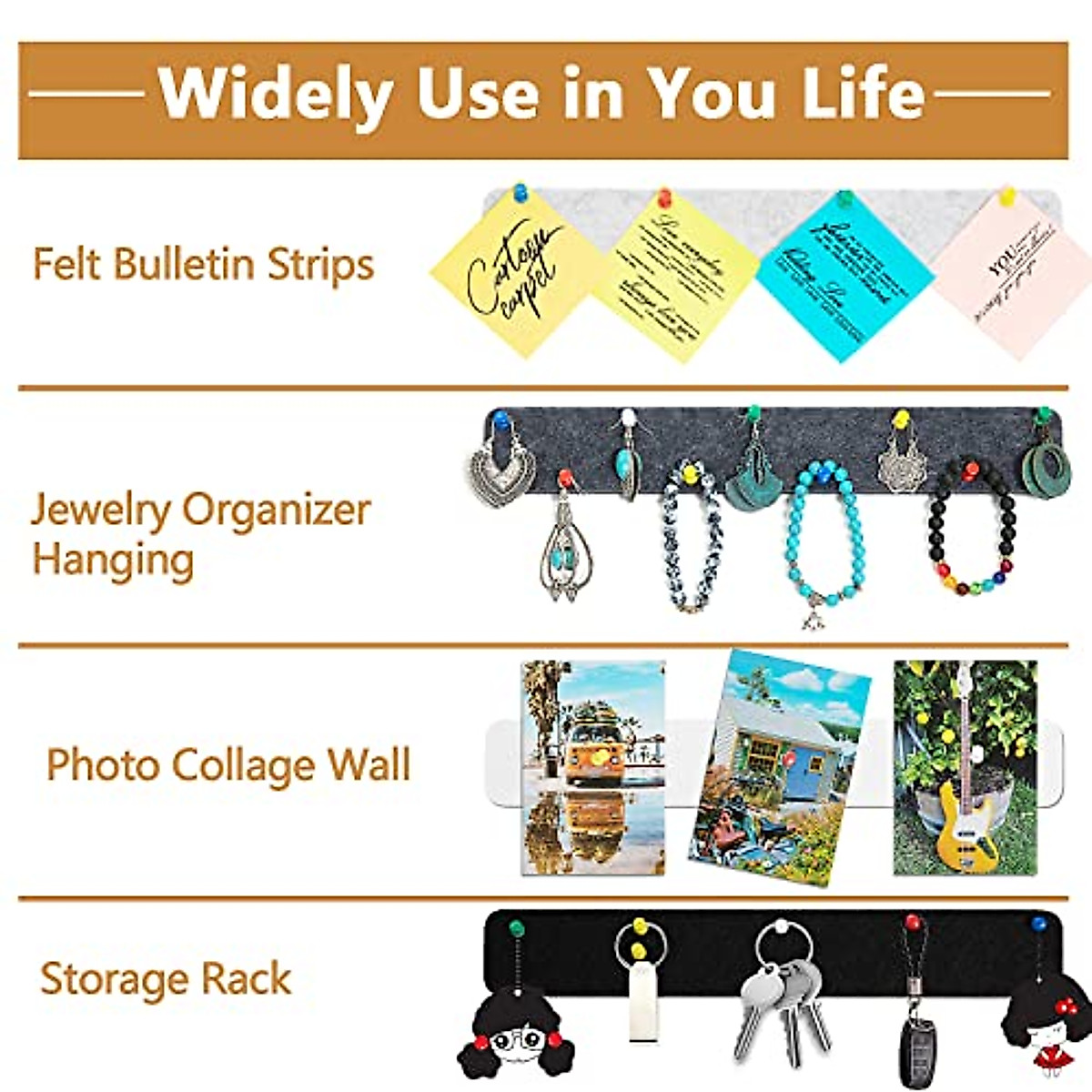 8 Packs Felt Pin Board Bar Strips Bulletin Board for Bedrooms Offices Home Wall Decoration, Notice Board Self Adhesive Cork Board with 50 Push Pins for Paste Notes, Photos, Schedules