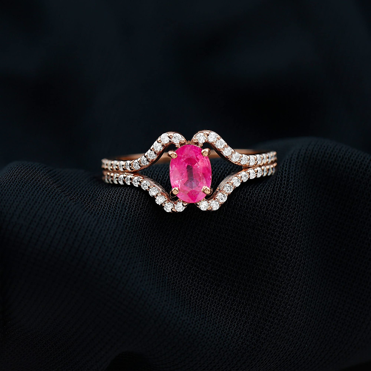 5X7 MM Oval Pink Sapphire Split Shank Ring with Diamond, Pink Sapphire Solitaire Ring for Women - September Birthstone, 14K Rose Gold, Size:US 8.00