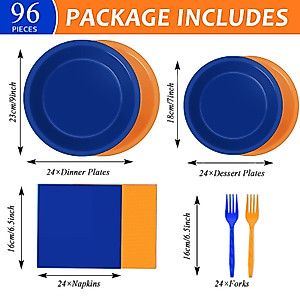 Wiooffen 96 Pcs Orange and Blue Birthday Party Plates Napkins Dart War Party Supplies Tableware Disposable Orange Blue Paper Dinnerware Decoration for Baby Shower Birthday Party, 24 Guests