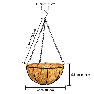 ZeeDix 3pack 12inch Metal Hanging Basket with Coconut Coir Liner- Coconut Coir Liner with Black Chain for Porch Pots Hanger, Indoor Outdoor Plant Flower Pot, Garden Decorations (12in)