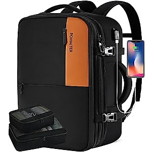 POWAITER Travel Backpack for Women Men, Carry On Backpack Flight Approved Fits 17 Inch Laptop with 4 Packing Cubes for Travel & Business Trip-Black