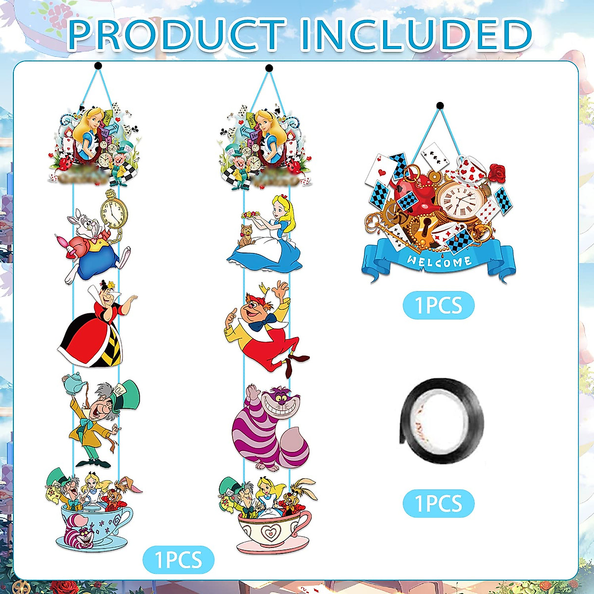 Alice In Wonderland Door Sign Banner,Designed Door, Hanging Banner,Porch Sign Banners,Welcome Hanging Alice for Tea Party Birthday Party Alice In Wonderland Party Decorations