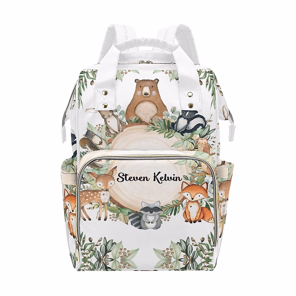 Woodland Animals Forest Leaves Personalized Diaper Backpack with Name,Custom Travel DayPack for Nappy Mommy Nursing Baby Bag One Size