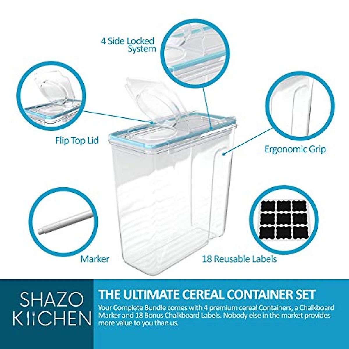Cereal Container Storage Set - 100% Airtight Food Storage Containers, 18 Labels and Pen, Great for Flour - BPA Free Dispenser Keepers (135.2oz) 4PC - Shazo