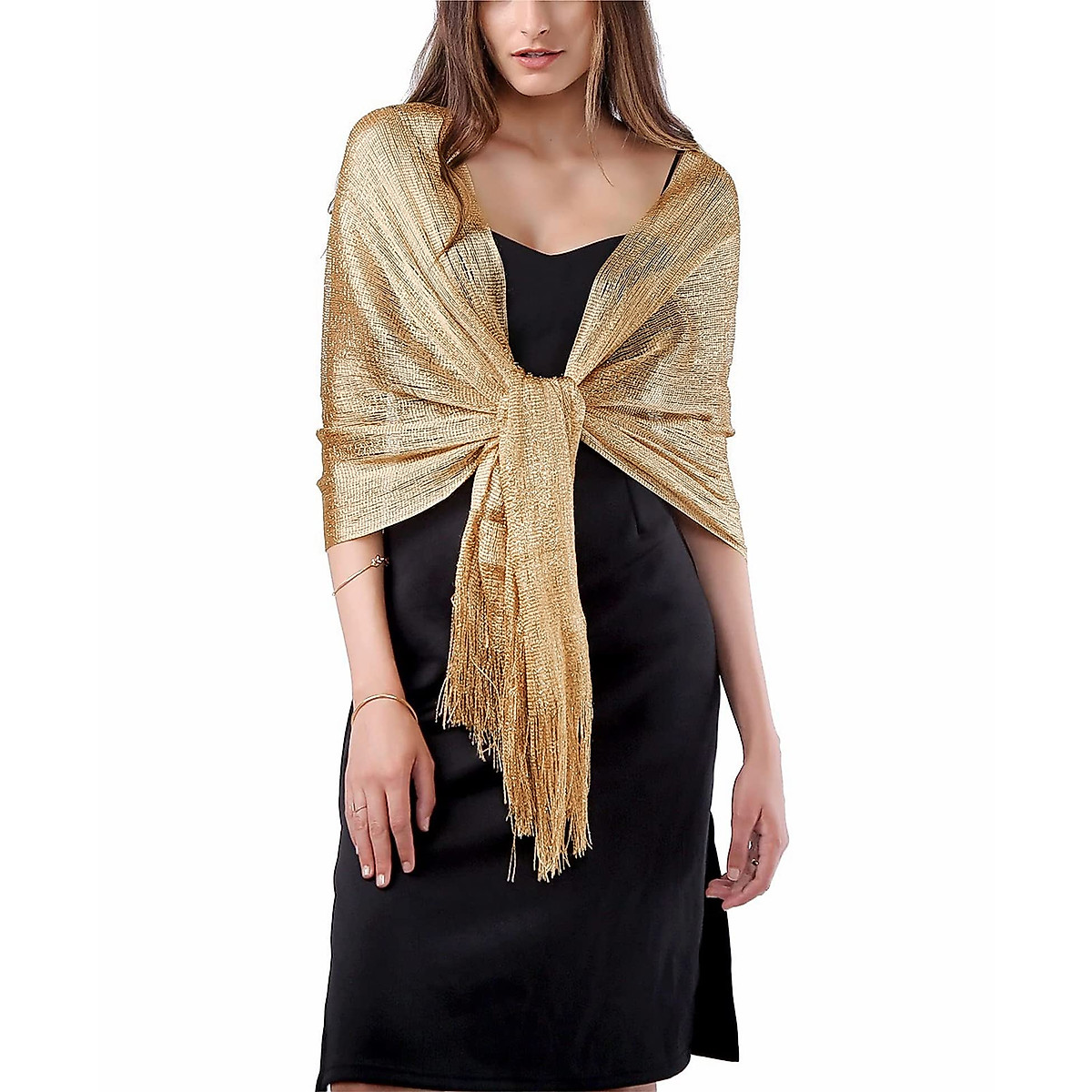 Womens Wedding Evening Wrap Shawl Glitter Metallic Prom Party Scarf with Fringe, 3 Metallic Gold