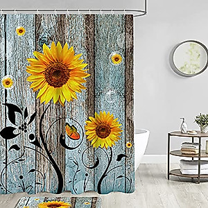 AAtter Farmhouse Sunflower Shower Curtain Sets Rustic Teal Barn Door Polyester Fabric Curtains with Non-Slip Rugs, Toilet Lid Cover and Bath Mat for Bathroom Set 4 Pcs (W60''xH72'') 12 Hooks Included