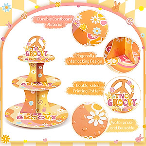 Ctosree 3 Tier Two Groovy Hippie Cupcake Stand Party Decorations Retro Hippie Boho Cupcake Holder Daisy Flower Groovy Rainbow Dessert Tower for Teens Adults Hippie Theme Birthday Party Supplies