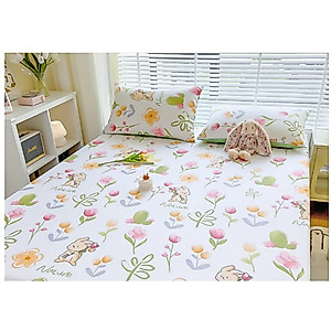 100% Cotton Fitted Sheet with Elastic Bands + 2pc Pillowcases Non Slip Bed Sheet Floral Single Double Twin Twin-XL King Queen Cal-King Bed B84 (Queen (U.S. Standard))