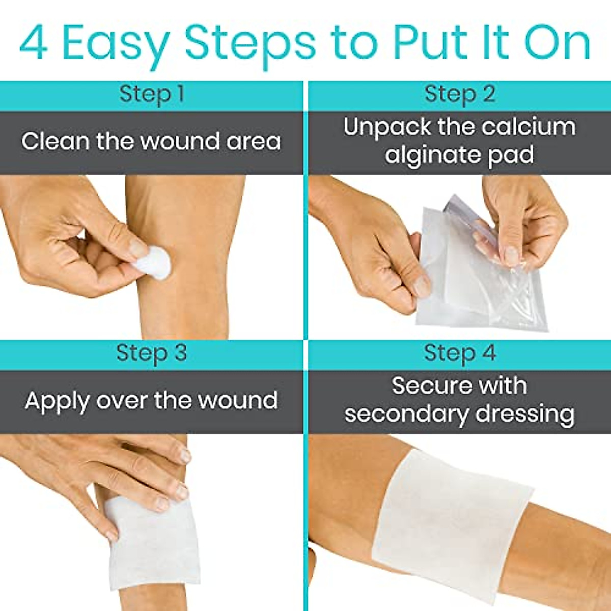 ViveCare Calcium Alginate Wound Dressing (10 Pack) - Individually Wrapped, Sterile Gauze Pads - Absorbent Sterile Patches for Ulcer, Bed Sore, G Tube, & Diabetic Foot - Non-Stick Burn Treatment