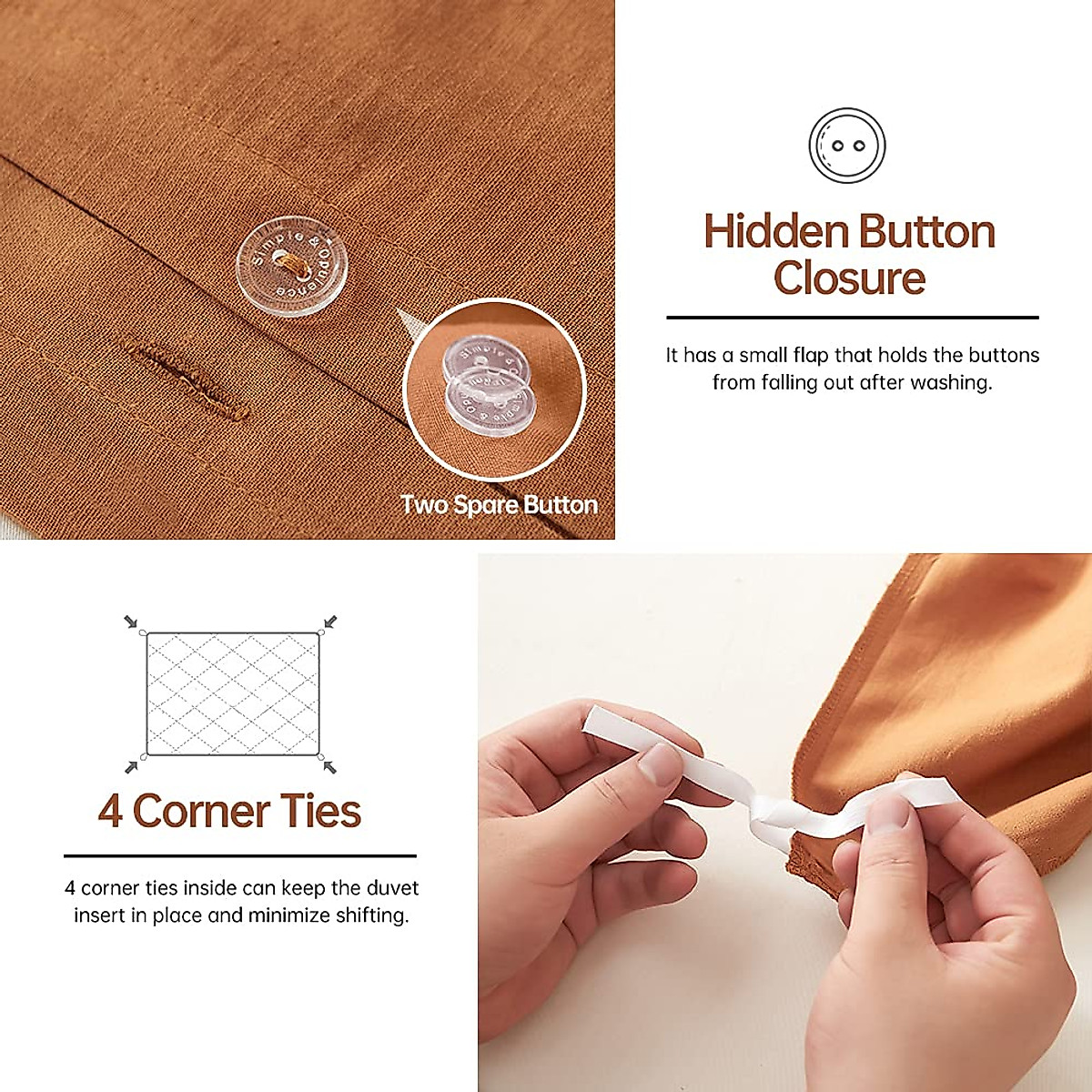 Simple&Opulence French Linen Duvet Cover Set 88" x 92"- 3 Pieces (1 Comforter Cover,2 Pillowcases)- Natural Flax Cotton Blend-Solid Color Breathable Farmhouse Bedding-Rust, Queen