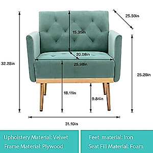 JOYBASE Velvet Accent Chair, Velvet Armchair, Mid Century Modern Chair with Metal Legs, Tufted Accent Chair, Comfy Reading Chair, Arm Chair for Living Room, Bedroom (Mint Green)