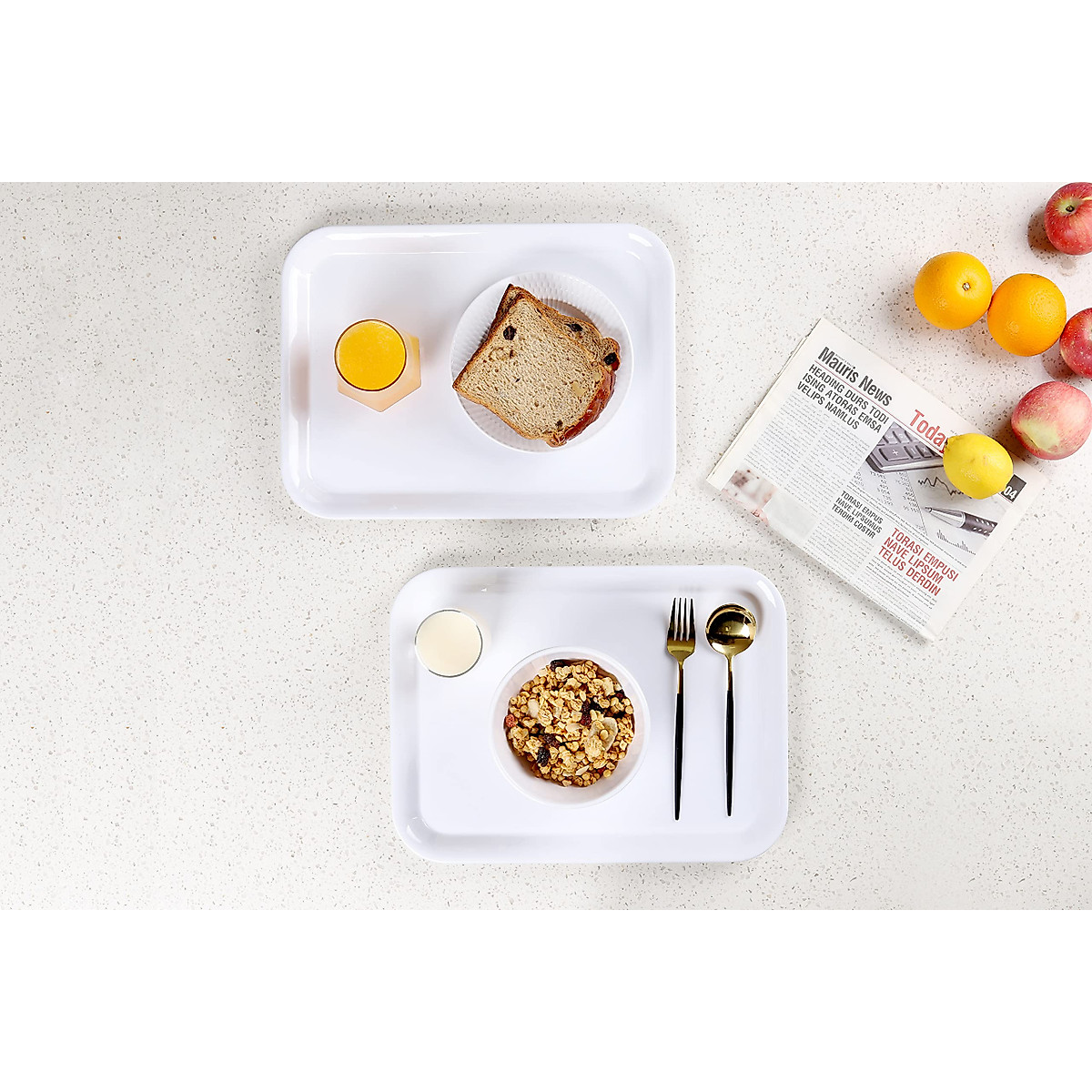 FlosSolis 15.1"x11.3" White Serving Tray Set of 2, Melamine Rectangular Serving Tray/Platters Stackable Sturdy and Easy Clean for Serving Food,Fruit,Desserts,Breakfast,Meals,BPA Free