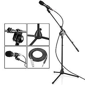 PYLE Dynamic Microphone and Tripod Stand Arm Mic Length 7.48'' Inch w/Acoustic Pop Filter-Includes 15' ft XLR Cable, Black (PMKSM20)
