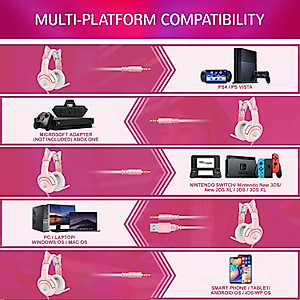 SIMGAL Pink Gaming Headset with Removable Cat Ears, Compatible with PC PS4 PS5 Xbox One(Adapter Not Included) Mobile Phones, with Surround Sound, RGB Backlight & Noise Canceling Retractable Microphone