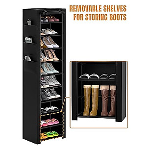 NiHome 10-Tier Tall Shoe Rack with Dustproof Waterproof Cover, Compact Narrow Shoe Rack Free Standing Shoe Storage Organizer for Closet Entryway, Metal Structure Vertical Shoe Shelf Tower, Black