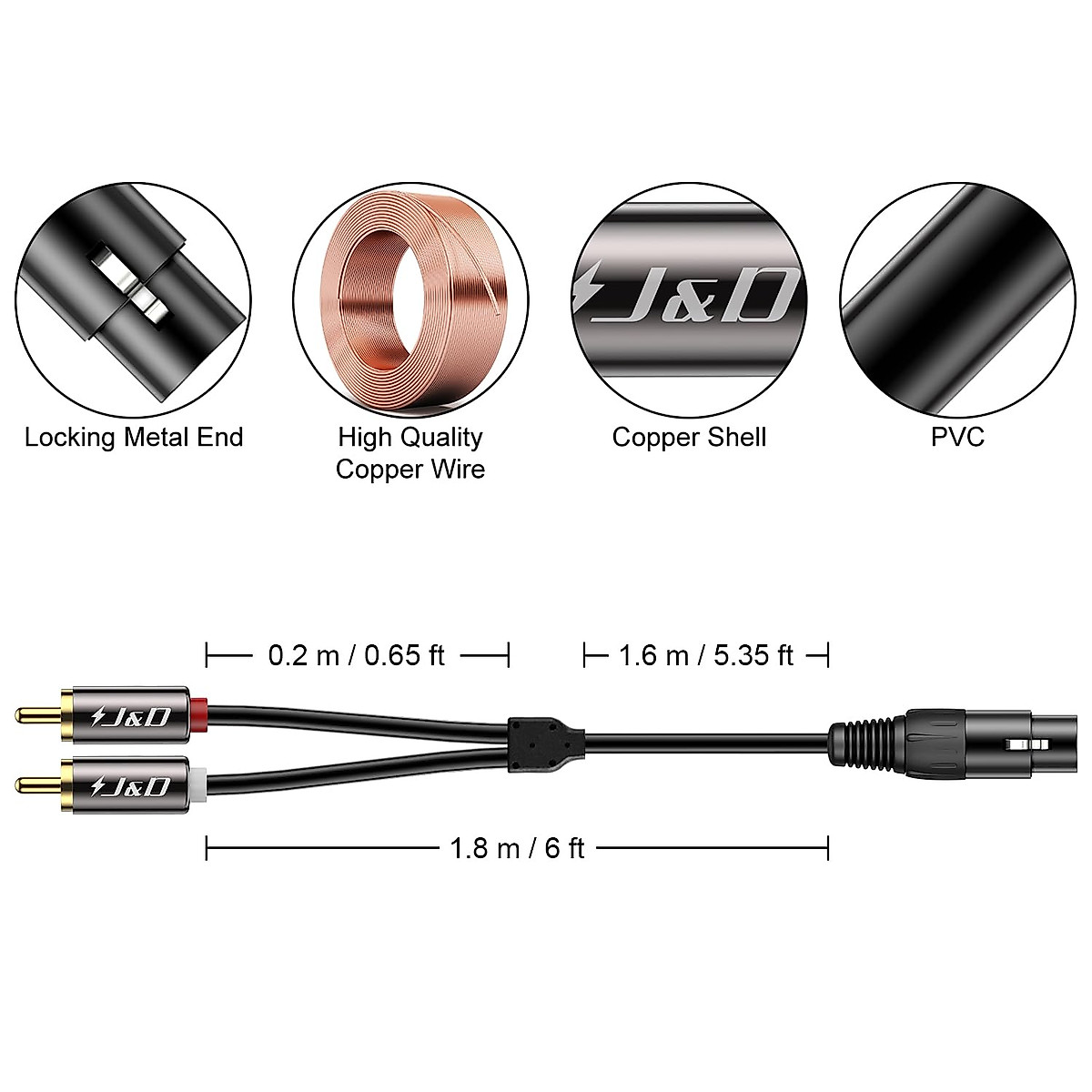 J&D XLR to 2 RCA Y Splitter Patch Cable, PVC Shelled Unbalanced Dual RCA Male to XLR Female Stereo Audio Interconnect Cable Adapter for Speaker Condenser Mic Mixer AMP, 6 Feet
