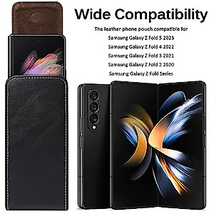 Miimall Compatible Samsung Galaxy Z Fold 5/4/3/2 Phone Pouch Holster Belt Case, Leather Pouch with Carabiner +Magnetic Closure for Fold Phone Holster Pouch for Galaxy Z Fold 5/Z Fold 4/3/2(Black)