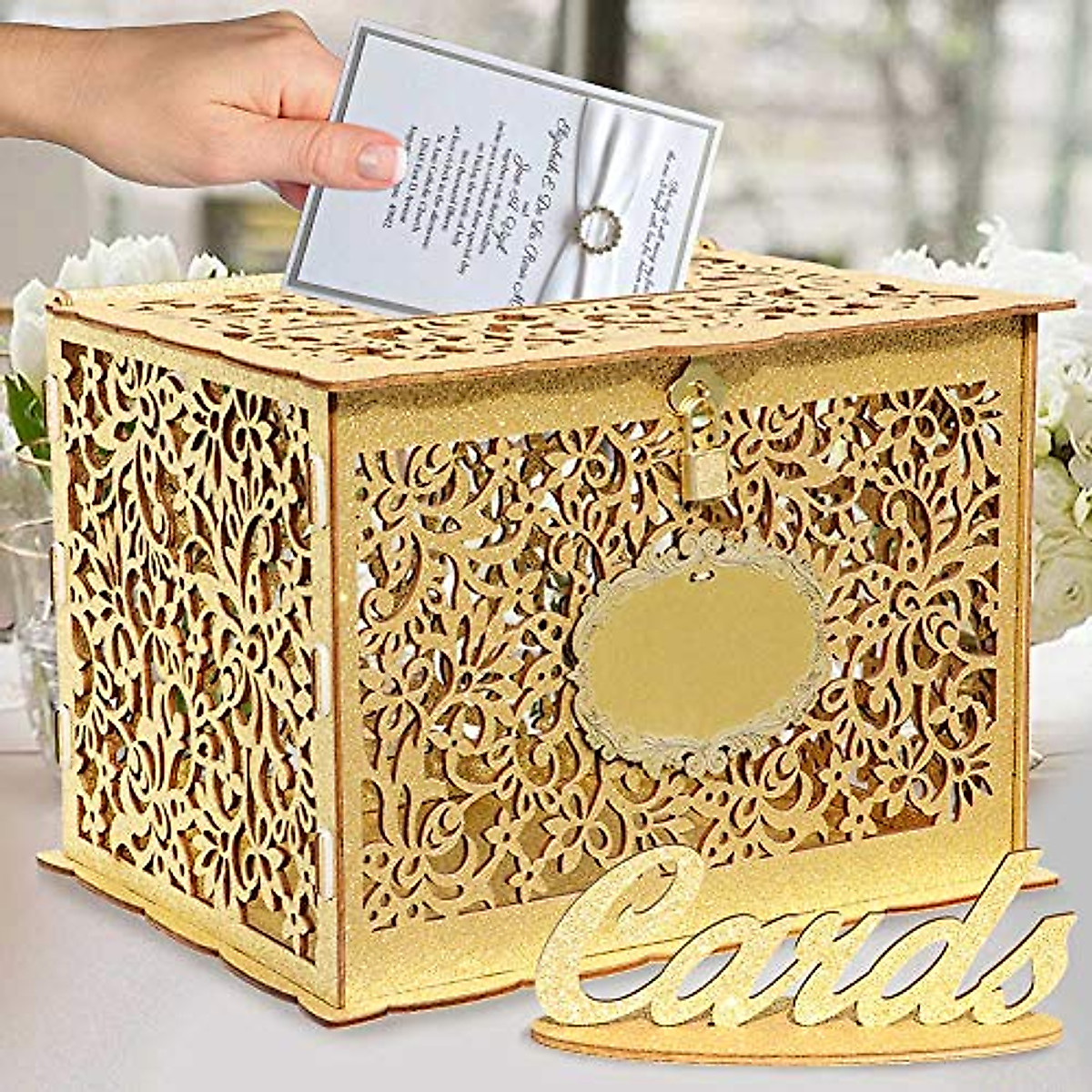 OurWarm Glittery Gold Wedding Card Box with Lock, Wood Gift Card Box Holder Money Box for Wedding Reception Birthday Party Baby Shower, Open House Celebration or Graduation Party Decorations