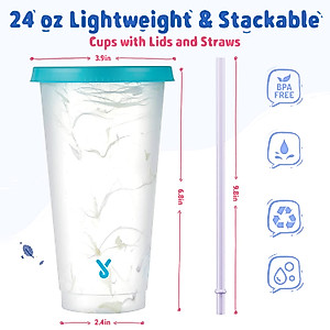 Meoky Color Changing Cold Cups with Lids and Straws - 10 Pack 24 oz Plastic Cute Tumblers Bulk, Reusable for Kids Women Party, Iced Coffee(Swirl)