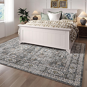 Rugcomf 8x10 Rug Washable Boho Rug Soft Large Area Rug Non-Slip Non-Shedding Faux Wool Vintage Rug for Living Room, Farmhouse, Dining Room, Indoor, Kids Playroom (Grey and Brown)