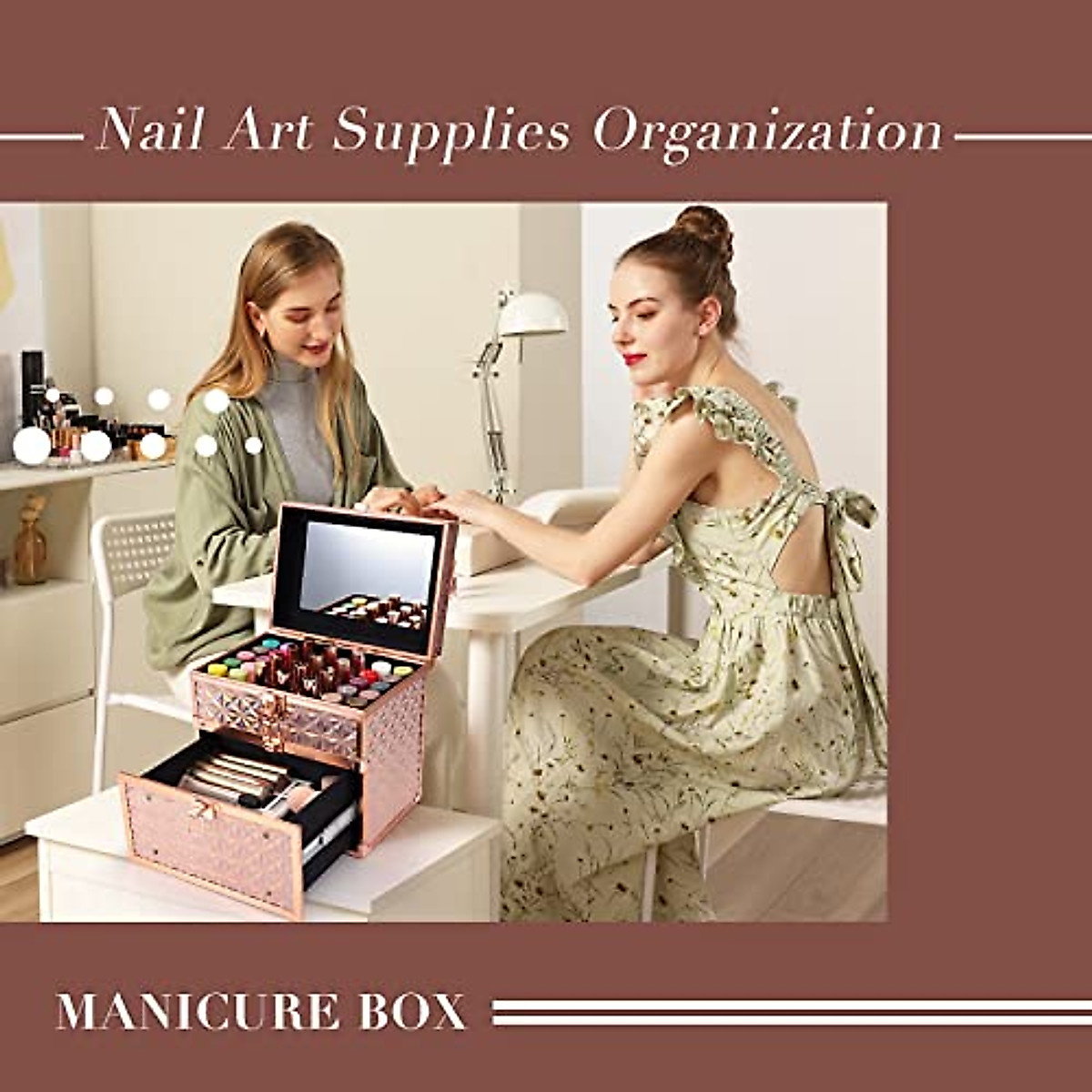 Costravio Nail Supplies Organizer Box Nail Polish Storage Case for Nail Tech or Home Use With Drawer and Slots Travel Makeup Train Case Portable Lockable - Rose Gold