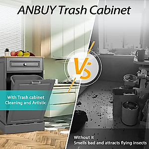 Anbuy Tilt Out Trash Cabinet Can Bin Kitchen Wooden Trash Can Free Standing Holder Recycling Cabinet with Hideaway Drawer Wooden Trash Holder (Grey)