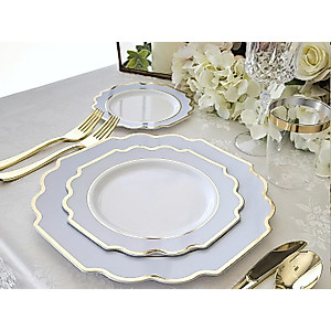 " OCCASIONS " 50 Plates Pack (25 Guests)-Heavyweight Wedding Party Disposable Plastic Plate Set -(25x10.5'' Dinner + 25x8'' Salad/dessert (Imperial in White/Blue & Gold)