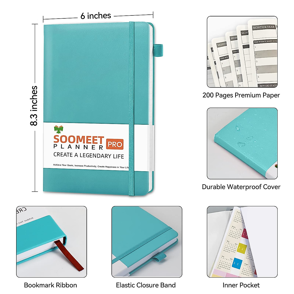 Soomeet Planner, Undated Weekly Planner, Goal Planner, Calendar Stickers, Faux Leather Cover, Time Management Manual and Planner, A5 Hardcover with Ruler, 200 Pages, Lake Blue