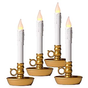 Plow & Hearth Set of 4 AA Battery Operated Window LED Candle Lamps | Auto Timer | Long Lasting Bulbs Never Need Replacing | Holiday Lights | Antique Gold Base | 9 1/2 H