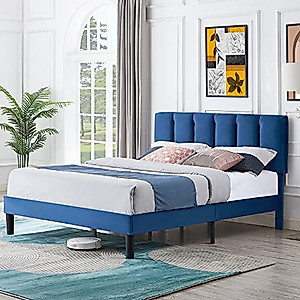 VECELO Full Size Bed Frame, Upholstered Platform Bedframe, Adjustable Headboard, Wood Slat Support, No Box Spring Needed, Easy Assembly, Blue