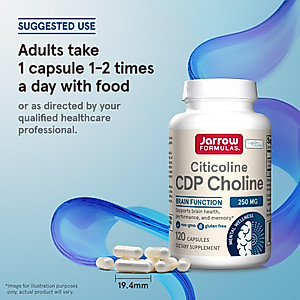 Jarrow Formulas CDP Choline Capsules, 250 mg Dietary Supplement for Memory and Brain Health, 120 Veggie Capsules, 60-120 Day Supply