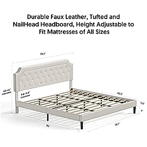 BONSOIR King Size Bed Frame Upholstered Low Profile Traditional Platform with Tufted and Nail HeadboardLinen Fabric Upholstery Color of Sand (Sand, King Size)