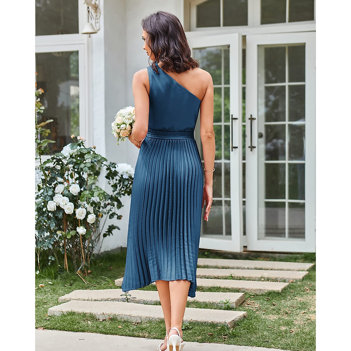 GRACE KARIN Womens One Shoulder Cutout Sleeveless Midi Dress Sexy Satin Pleated Dress Elegant Formal Prom Party Dress Peacock Blue S