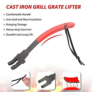 KAMaster Cast Iron Grill Grate Lifter,Grid Lifter Gripper Fit Big Green Egg Accessories Kamado Grill Joe Primo Vision Louisiana Grills,Grate Lifters with Red Protective Cover for Moving Hot Grate