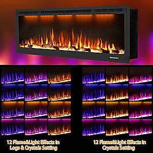 Dreamflame Electric Fireplace 74 inch, Recessed Wall Mounted Fireplace Heater, Logs & Crystal, Multicolor Flame Combinations, Overheating Protection, Black (74")