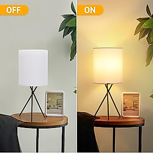 FOLKSMATE Bedside Table Lamp with Black Metal Base, Modern Small Desk Lamp, Nightstand Lamp with White Linen Fabric Lampshade, Side Table Lamp for Bedroom Living Room Home Office, Bulb Not Included