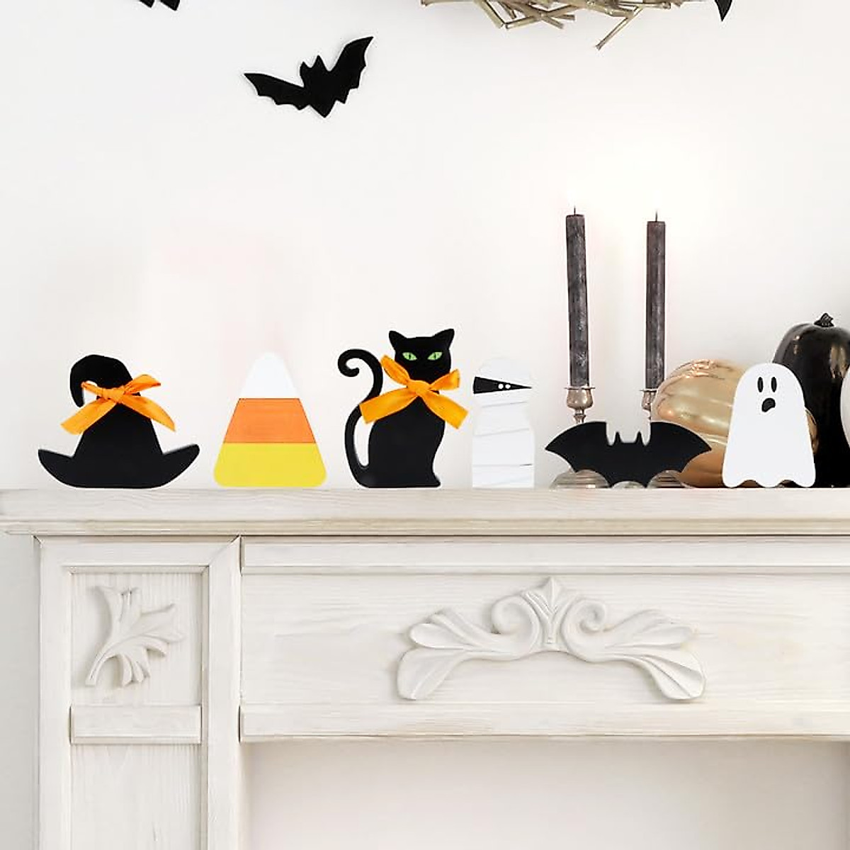 Halloween Table Decor, 6 PCS Halloween Decorations for Home, Free Standing Wooden Signs with Witch's Hat, Black Cat, Mummy, Ghost, Bat, Candy Corn for Tiered Tray, Desk and Mantle