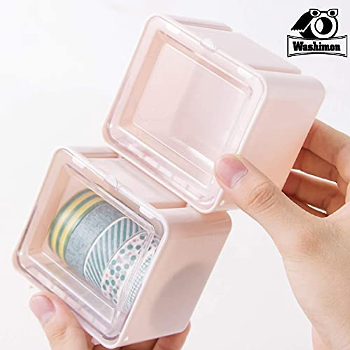Washimon Washi Tape Organizer - Stackable Plastic Storage Box - Clear Art Supply Holder (Pink 4pcs)