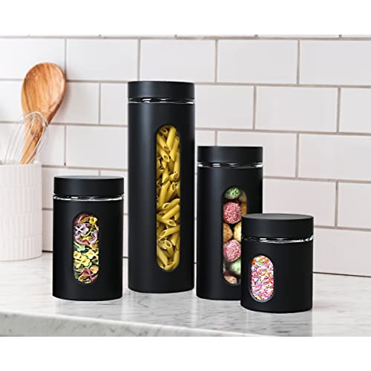 Quality Modern Black Stainless Steel Canister Set for Kitchen Counter with Glass Window & Airtight Lid - Food Storage Containers with Lids Airtight - Pantry Storage and Organization Set
