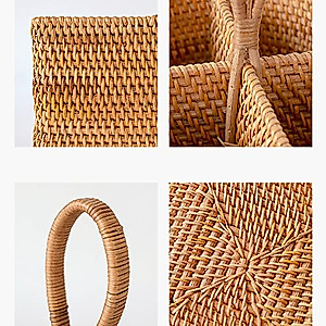 i-lan 2 Pack 4 Section Square Rattan Basket with Handle, 7”Divided Woven Remote Control Basket Tray with 5”Wall , Boho Catch-all Bottle Caddy Serving Basket Box for Cosmetic Organizer Utensils Holder