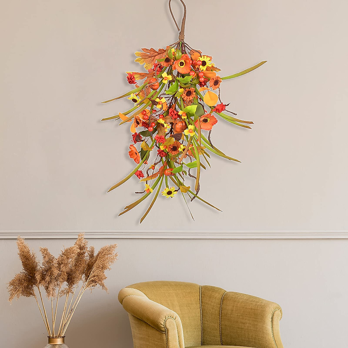 FXforer 25Inch Artificial Sunflower Pumpkin Fall Swag,Simulation Autumn Teardrop Floral Swag,Farmhouse Hanging Front Door Decorative Swag for Garden Home Wall Festival Decoration