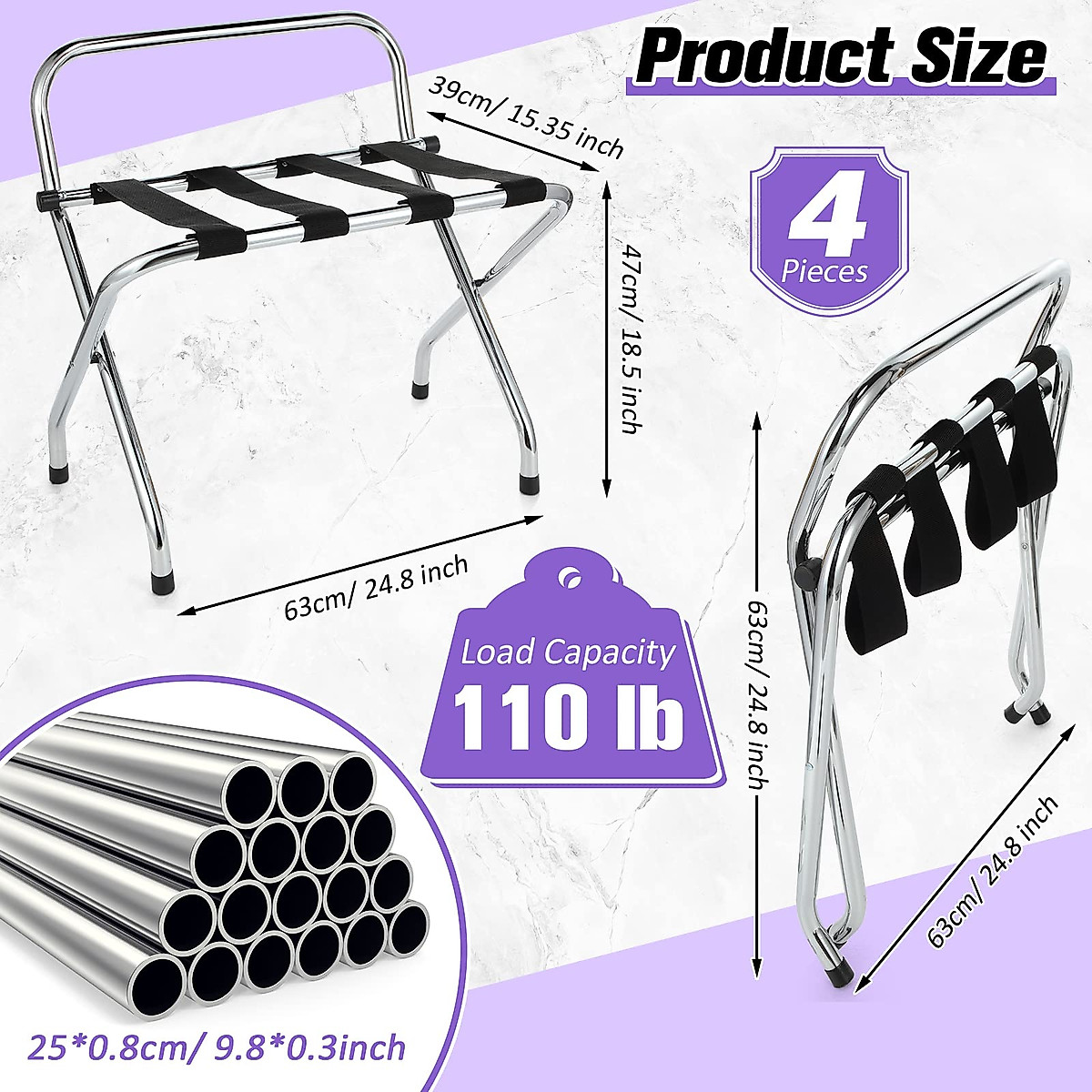 Therwen 4 Pack Steel Folding Foldable Luggage Rack with Back Suitcase Stand Shelf with Support Bar Folding Metal Suitcase Stand with Belts for Bedroom Hotel Guest Room, Chrome Silver