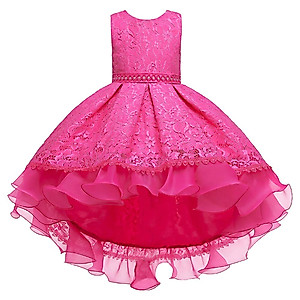Flower Princess Girls Dress for Kids Wedding Bridesmaid First Communion Birthday Party Holiday Formal Prom Dance Evening Ball Gown Embroidery Lace Long Tutu Dresses Hot Pink 7-8 Years